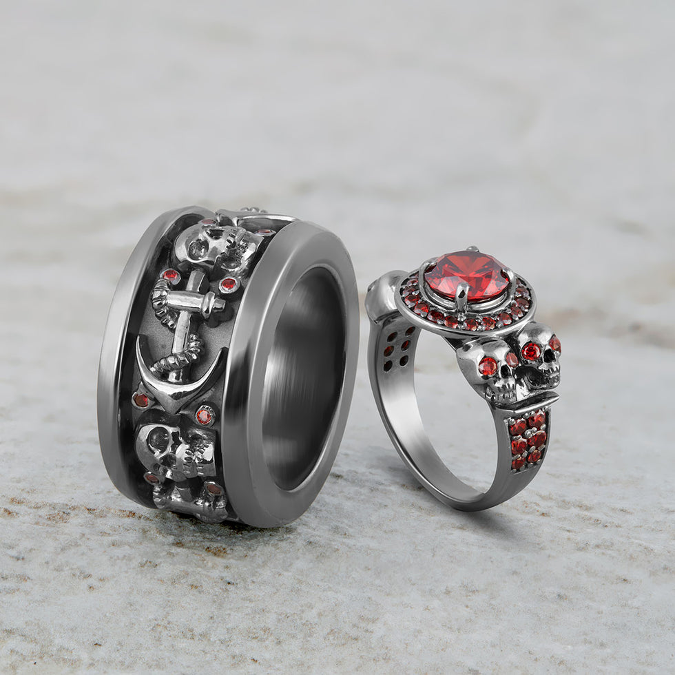 Red Garnet Skull Couple Rings Matching Gothic Wedding Ring Set – Dfine ...