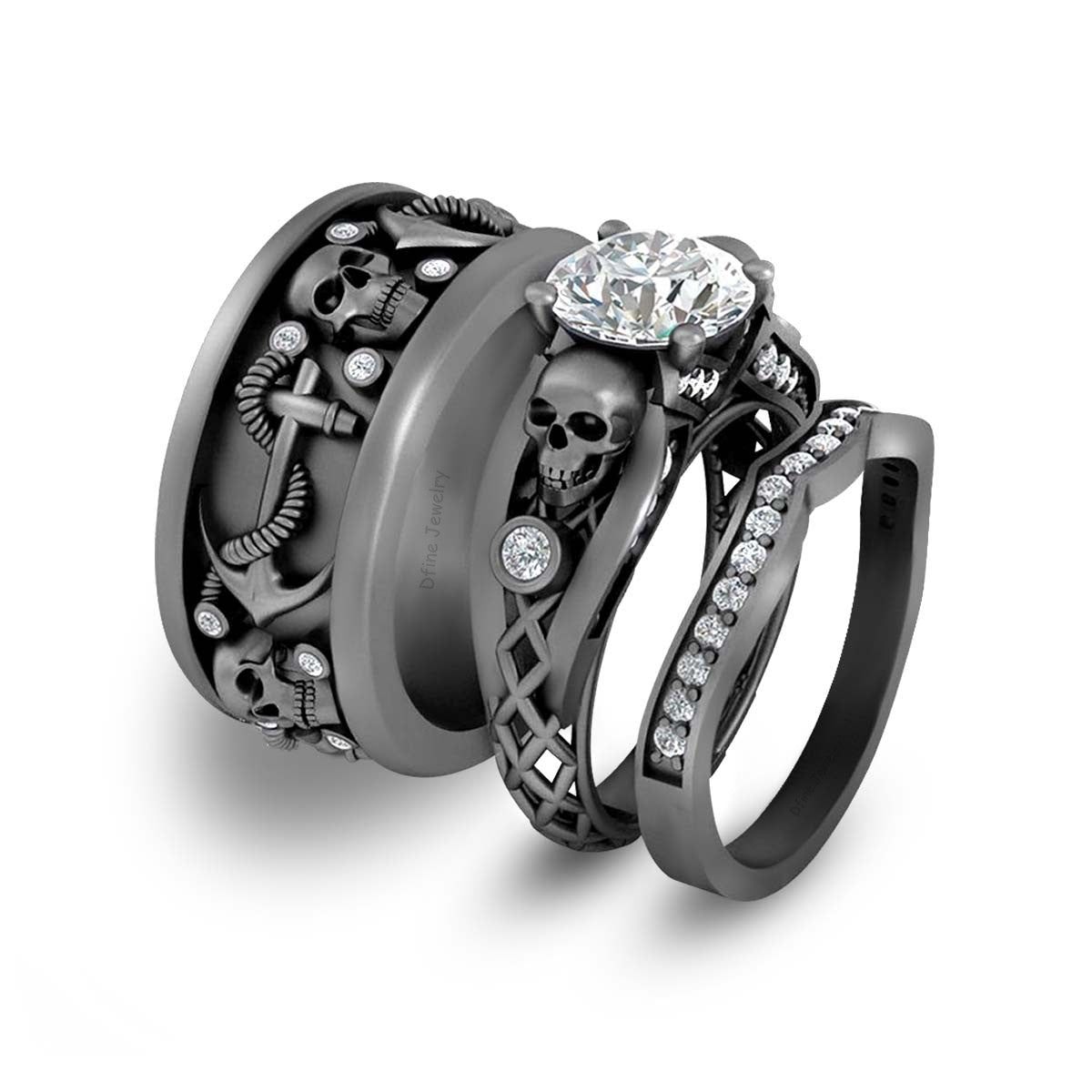Diamond Skull Engagement Ring Set Trio Skull Couple Rings Silver ...