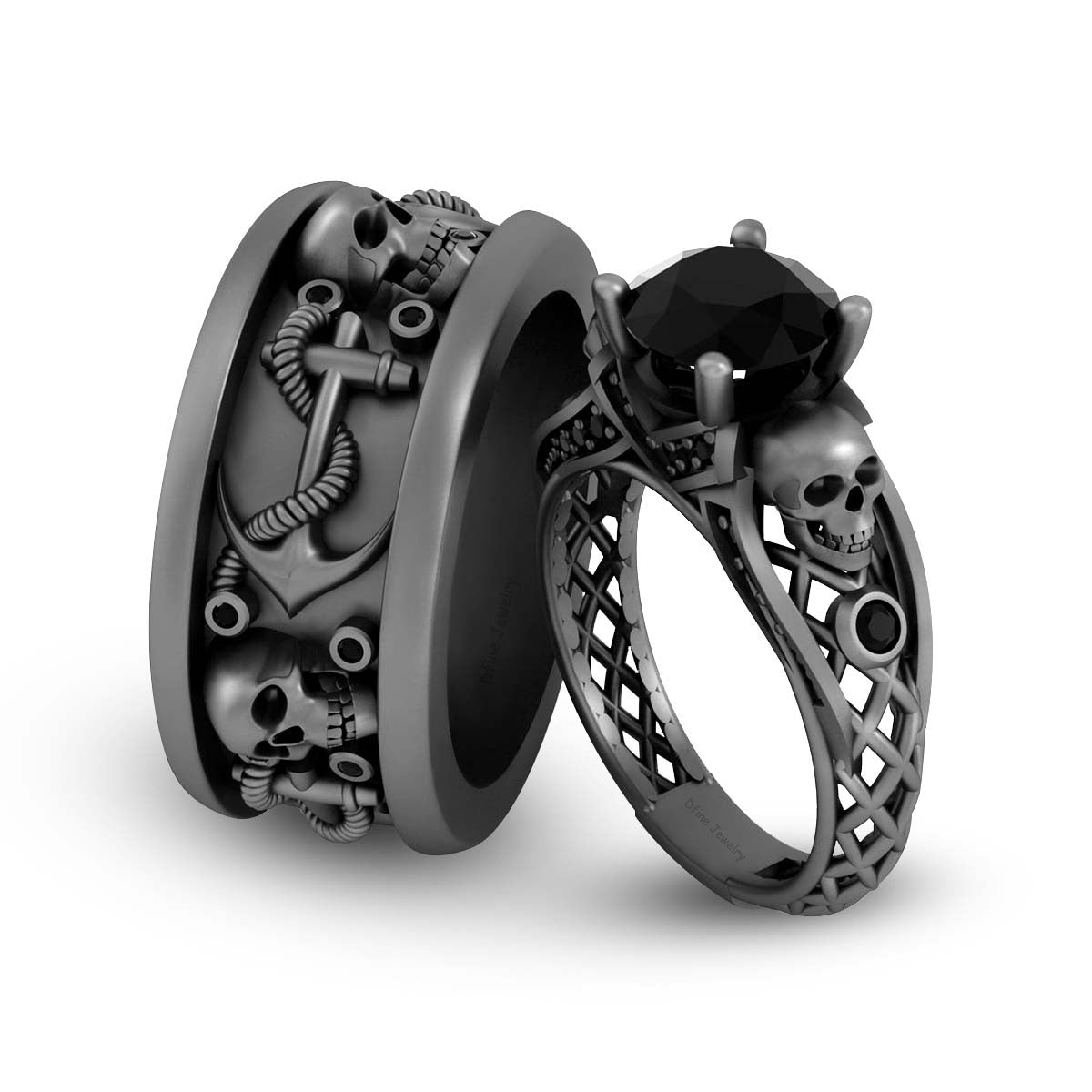 Matching Skull Engagement Rings Anchor Skull Couple Ring Set – Dfine ...