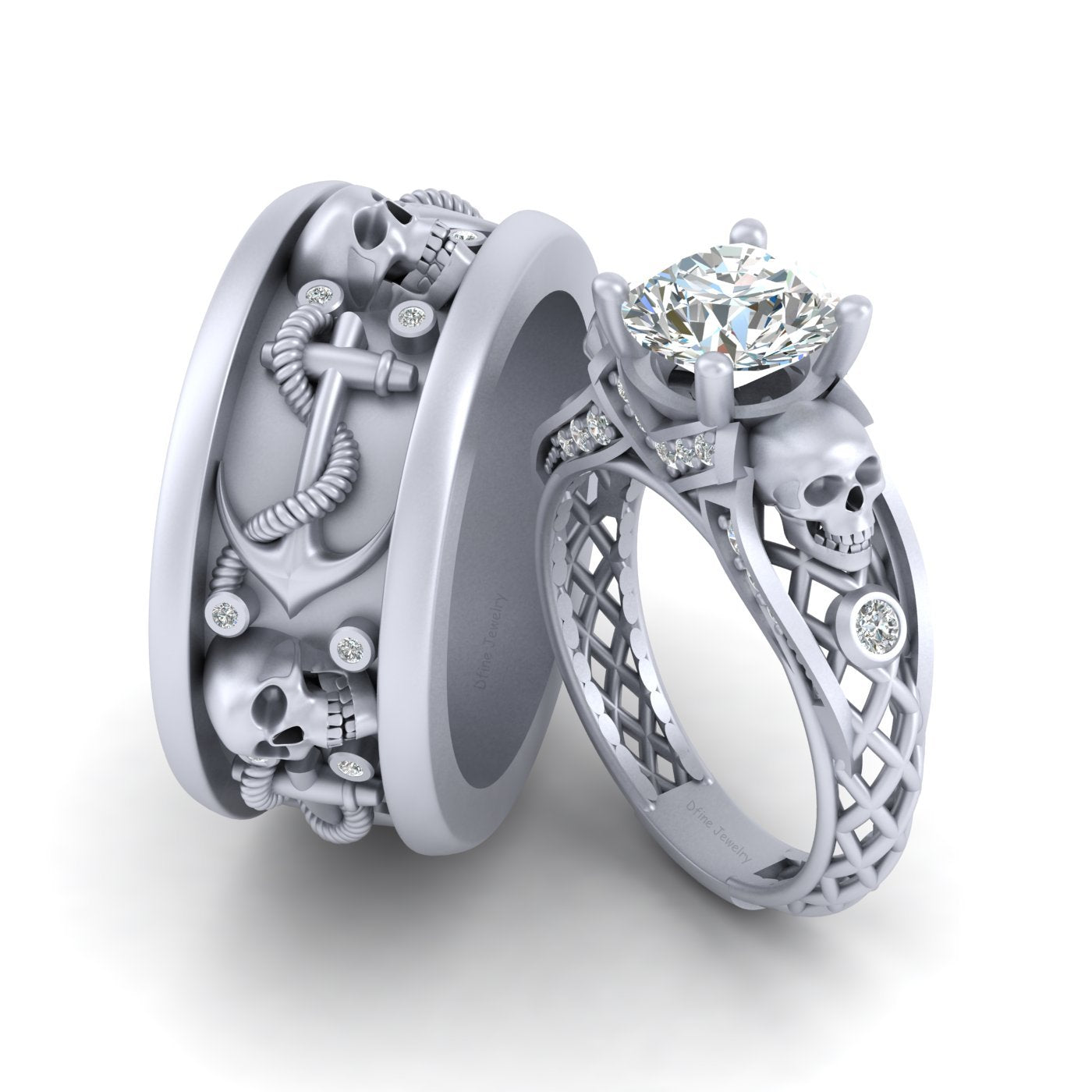 Diamond Skull Couple Rings Skull and Anchor Wedding Ring Set – Dfine ...