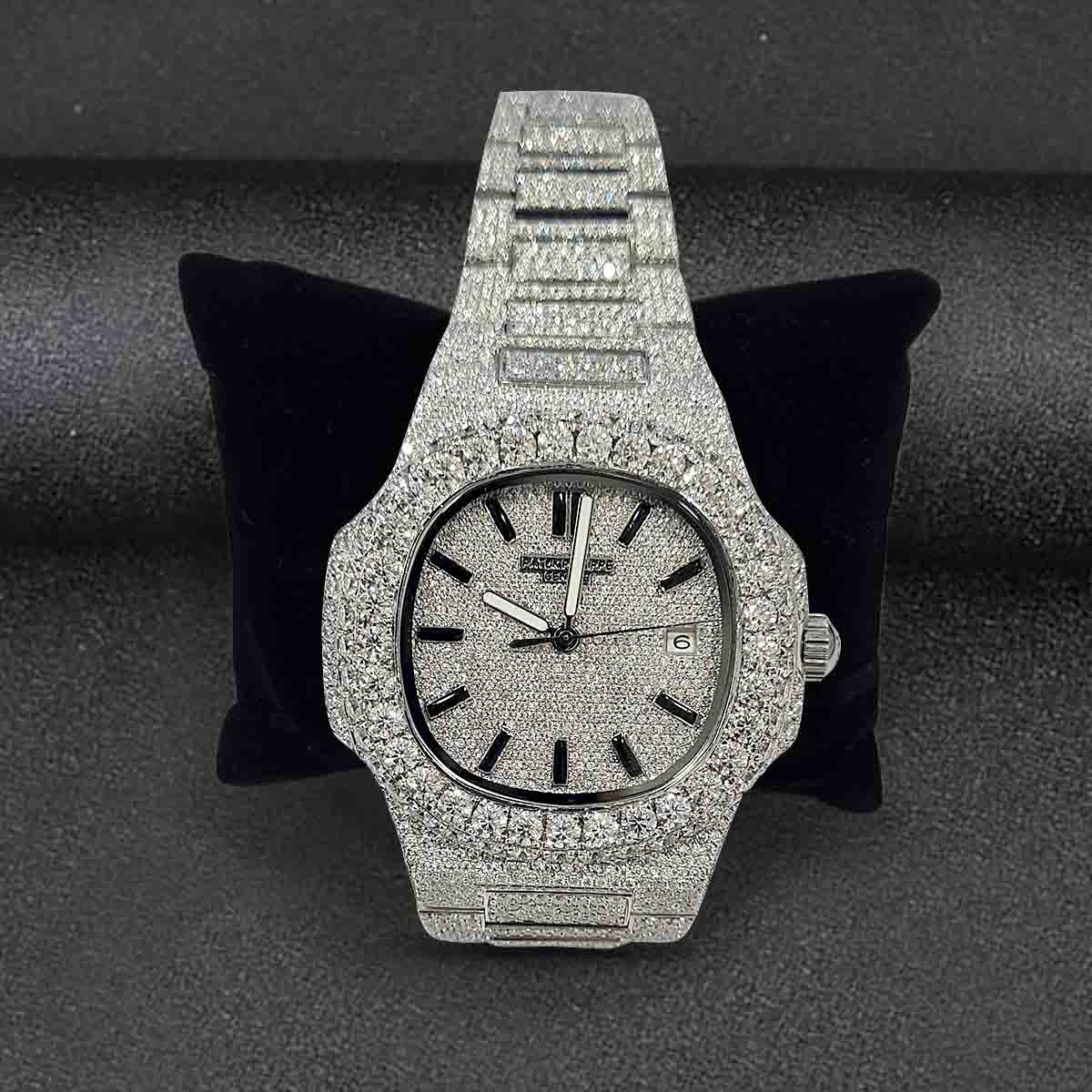 Iced Out Watch Patek Philippe Nautilus Rounded Octagonal Moissanite St ...